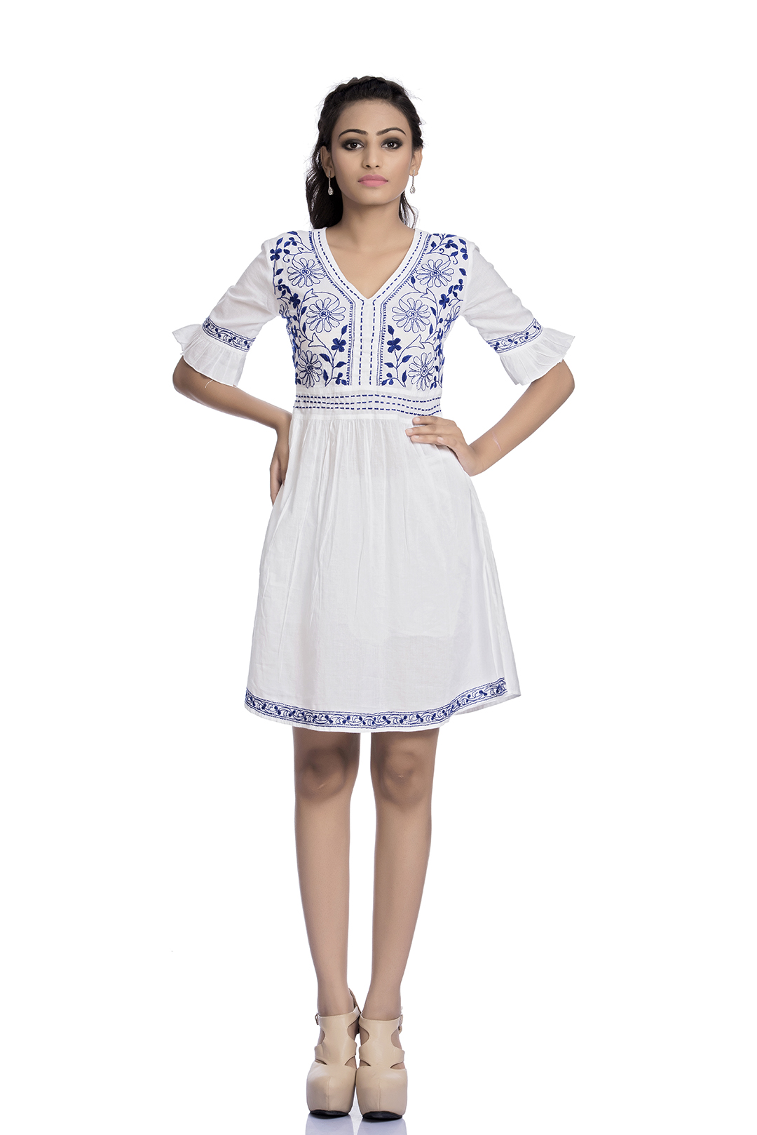 mini lucknow chikankari dress with blue chikan embroidery online best price